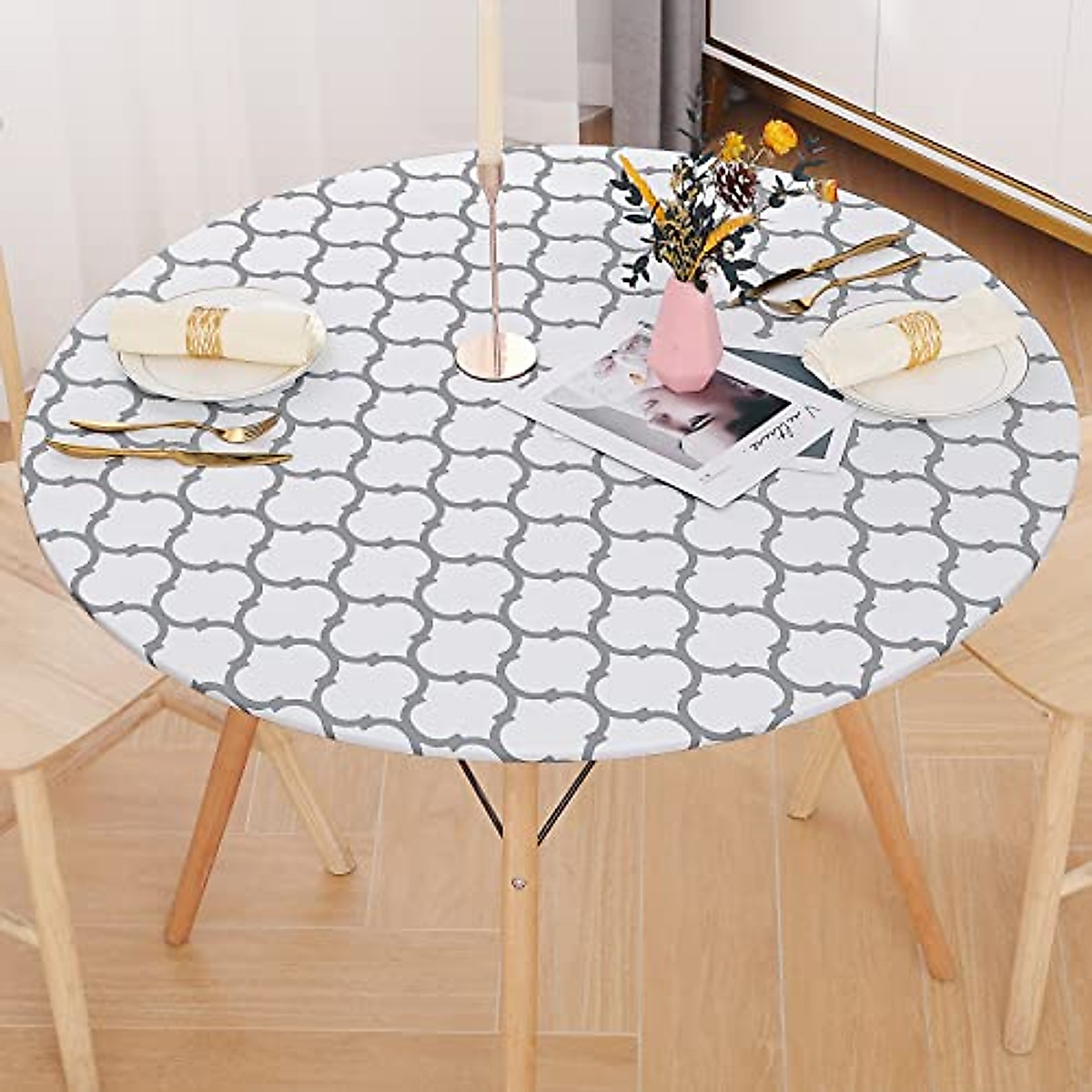 smiry Round Tablecloth, Waterproof Elastic Fitted Table Covers for 36" - 44" Tables, Wipeable Flannel Backed Vinyl Tablecloths for Picnic, Camping, Dining, Indoor and Outdoor, White Morocco