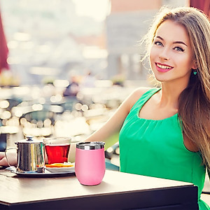 FristChoice 12 oz Insulated Wine Tumbler with Lid and Straw,Stainless Steel Stemless Wine Tumbler Glasses Double Wall Vacuum Wine Cups Tumbler Bulk for Coffee,Champaign,Cocktail,Office（Pink,1）