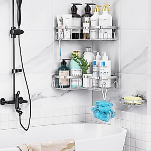 Moforoco Corner Shower Caddy - 3 Pack Shower Organizer with Soap Holder and 12 Hooks, Adhesive Shelves Rustproof for Bathroom, Silver