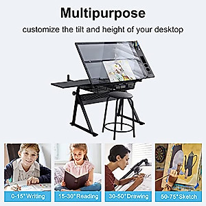 Waful Height Adjustable Drafting Tables, Glass Drawing Art Table, Art Artists Desk, Tilting Tabletop Paintings Work Station Artist Table -2 Storage Drawer for Reading, Writing Art Craft Work Station