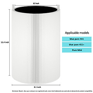 Blue Pure 411 Replacement Filter Compatible with Blueair Blue Pure 411, 411+, 411 Auto and Mini Air Purifiers, Particle and Activated Carbon, 2-Pack