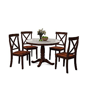 5 Pieces Dining Table and Chairs Set, Wood Kitchen Set with Round Marble Veneer Top Dining Table and 4 Chairs, Rustic Dining Table Set for 4 Persons