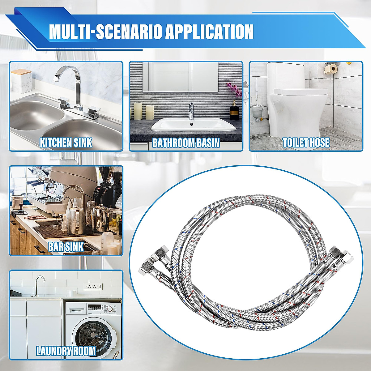 4 Pcs Faucet Hose Connectors, 3/8" Comp x 1/2" FIP Premium Braided Stainless Steel Water Supply Lines for Bathroom, Toilet and Kitchen Faucets (24 Inch)