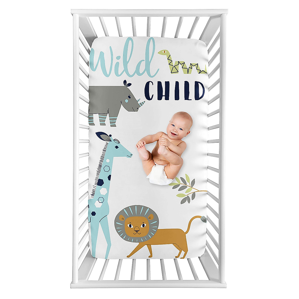 Sweet Jojo Designs Safari Animals Boy Fitted Crib Sheet Baby or Toddler Bed Nursery Photo Op - Turquoise and Navy Blue Mod Jungle Lion Giraffe