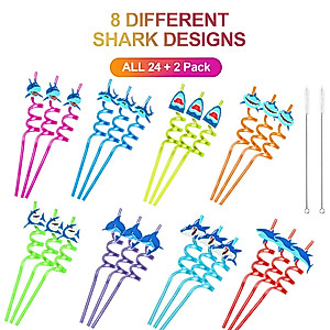 24 reusable shark straws and 2 cleaning brushes, Shark party supplies, birthday party gift decorations - set of 26