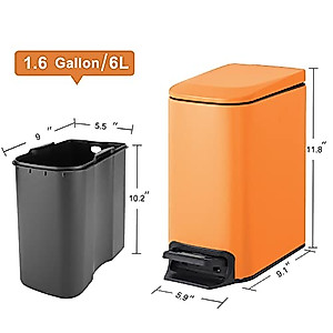 Cesun Small Bathroom Trash Can with Lid Soft Close, Step Pedal, 6 Liter / 1.6 Gallon Stainless Steel Garbage Can with Removable Inner Bucket, Anti-Fingerprint Finish (Matt Orange)