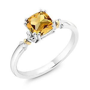 Gem Stone King 925 Sterling Silver and 10K Yellow Gold 6MM Cushion Cut Gemstone Birthstone Engagement Ring | Wedding Anniversary Promise Ring For Women | Available In Size 5, 6, 7, 8, 9