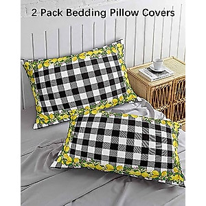 Edwiinsa Summer Lemon Pillow Covers Standard Size Set of 2 20x26 Bed Pillow, Yellow Fruit Spring Floral Black Plaid Plush Soft Comfort for Hair/Skin Cooling Pillowcases with Envelop Closure