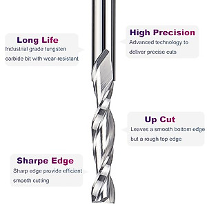 SpeTool Spiral Router Bits with UpCut 1/4 inch Cutting Diameter, 1/4 inch Shank 3 inch Extra Long HRC55 Solid Carbide CNC End Mill for Wood Cut, Carving