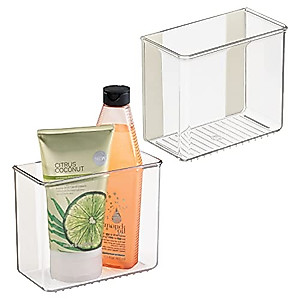 mDesign Plastic Adhesive Wall Mount Storage Organizer Container for Bathroom, Shower, Vanity Cosmetic Organization - Hold Shampoo, Conditioner, Vitamins, 6" Wide, Poppon Collection, 2 Pack, Clear