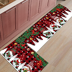 Christmas Gnome Kitchen Rugs and Mats Set of 2 Snowflake Red and Black Buffalo Plaid Xmas Kitchen Mat,Non-Slip Area Runner Rug,Washable Floor Mat for Home Dining Room Office 16x24in+16x47in