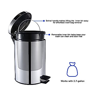 8 Liter / 2.1 Gallon Thickened Household Simple Stainless Steel Metal Foot Open Lid Trash Can, with Inner Bucket, Suitable for Kitchen, Bathroom, Office