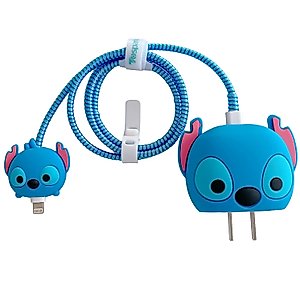 3D Cute Cartoon Charger Protector Case - Compatible for Apple 20W USB-C Power Adapter and Lightning Cable (Blue Lion Stitch)