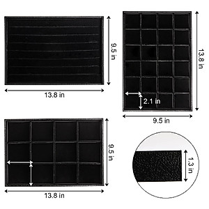 Elsjoy Set of 3 Large Black Jewelry Trays, 13.8" x 9.5" Stackable Velvet Jewelry Organizer Tray Drawer Jewelry Storage, Divided Ring Organizer Tray for Necklace, Earrings, Bracelet