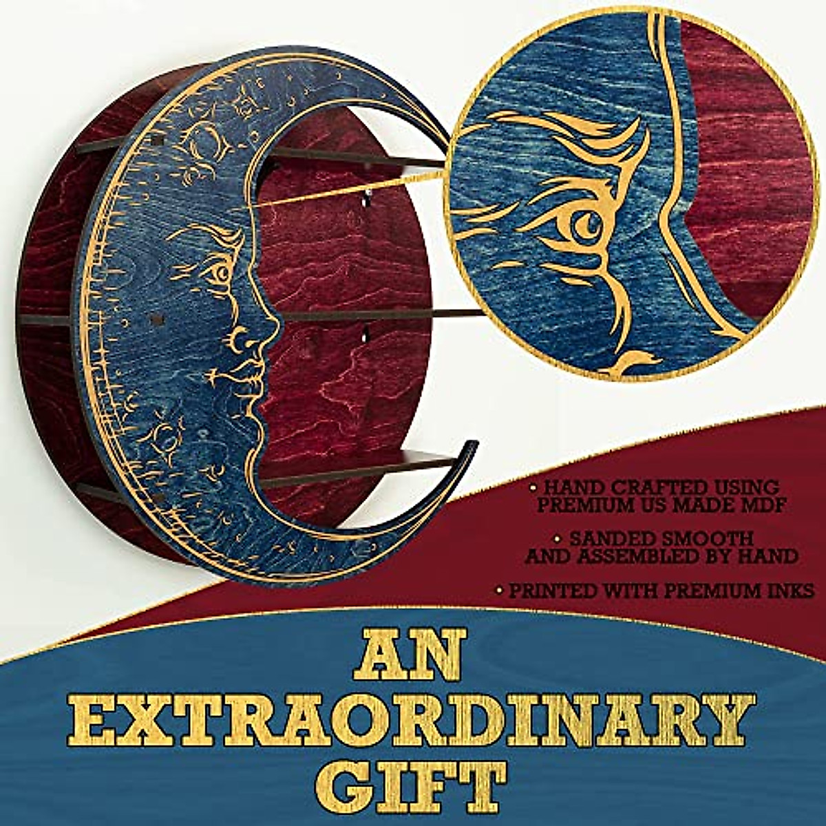 Standish House 10-Inch Handmade Moon Shelf for Stones and Crystal Display - Handcrafted Wood Accent Shelf - Crescent Moon Phase Wall Decor - Enchanting Crystal Display Shelf - Boho Home Decor