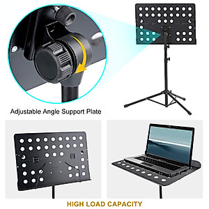 Klvied Sheet Music Stand with Violin Hanger, Folding Music Stand, Portable Fortable Music stand for Sheet Music, Violin Music Stand with Travel Case, Light, Black