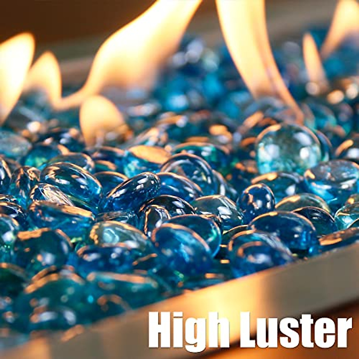 Hisencn Caribbean Blue Fire Glass Rocks for Fire Pit, 1/2 Inch Fire Glass Beads for Propane Gas Fireplace or Natural, Outdoor and Indoor Azure Blue Reflective Decorative Firepit Glass, 10 Pounds