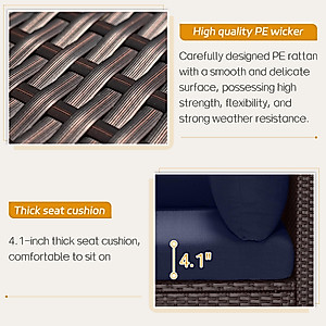 BULEXYARD High Back Brown PE Rattan Outdoor Patio Furniture Set with Propane Fire Pit Table, Large Wicker Outside Sectional Furniture Sofa Conversation Sets for Backyard(Navy Blue, 9Pcs-A)