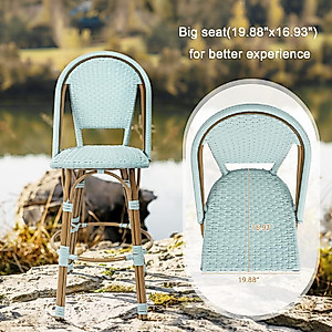 YOEEMZ Outdoor Bar Stools Set of 2 | 30 Inch Bar Height Rattan Patio Barstools with Back | Sturdy Aluminum Frame & Bamboo Finish | French Metal Chair, Powder Blue