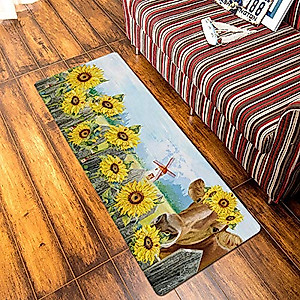 Kitchen Mat, Cow Farm Animal Rustic Sunflower Kitchen Rugs Kitchen Organization, Anti-Fatigue PVC Leather Kitchen Floor Mats Kitchen Runner Rug, Kitchen Decor Standing Desk Mats