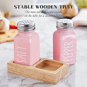 Pink Salt and Pepper Shakers Set with Holder - Pink Kitchen Home Decor and Accessories - Dopeca Glass Salt Shaker with Wood Tray for Kitchen Counter or Table -2.7 oz