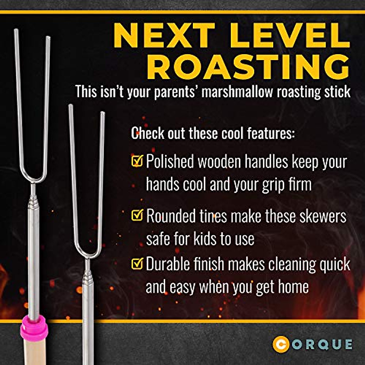 CORQUE Marshmallow Roasting Sticks, Smores Sticks, Extendable, Camping Skewer for Fire Pit, Wooden Handle, 32inch Metal for BBQ Hotdog, Cooking, Campfires, Bonfires, Set of 8