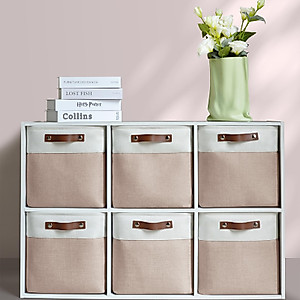 Patvingot Collapsible Fabric Cube Storage Bins 11x11×11, Pack of 6 Closet Basket Boxes with PU Handles for Organizing Shelves, Toys, Clothes, Home, Office,Laundry,Office(White&Pink)