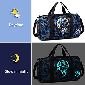 Kids Overnight Duffle Luminous Sport Gym Gag with Shoe Compartment & Wet Pocket Small Sleepover bag Carry on Weekender Travel Tote for Kids Boys Girls