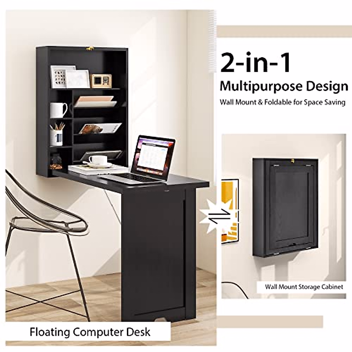 Wall-Mounted Fold-Out Convertible Floating Desk Space Saver, Multi-Function Murphy Desk for Home Office, Space Saving Computer/Hanging Desk, Table with Storage Area