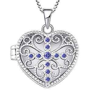 YL Cross Locket Necklace Sterling Silver Heart Pendant Created Tanzanite Filigree Jewelry for Women