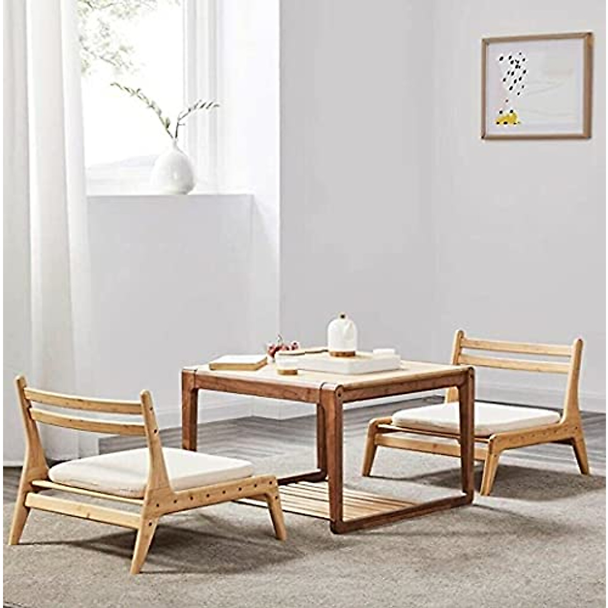 MAXCBD Desk Chair Side Chairs Bamboo Floor Seat Chair for Living Room Japanese Chair w/Cushion Dining Room Chair