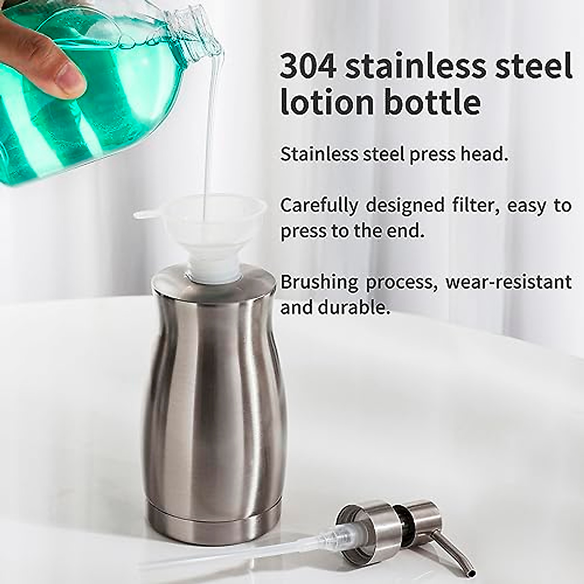 ZEBEYIMA Brushed Stainless Steel Countertop Soap Dispenser Rust and Leak Resistant Hand Soap Pump with Funnel for Kitchen Countertops and Bathroom Dispensers (13.5 oz/400 ml)…