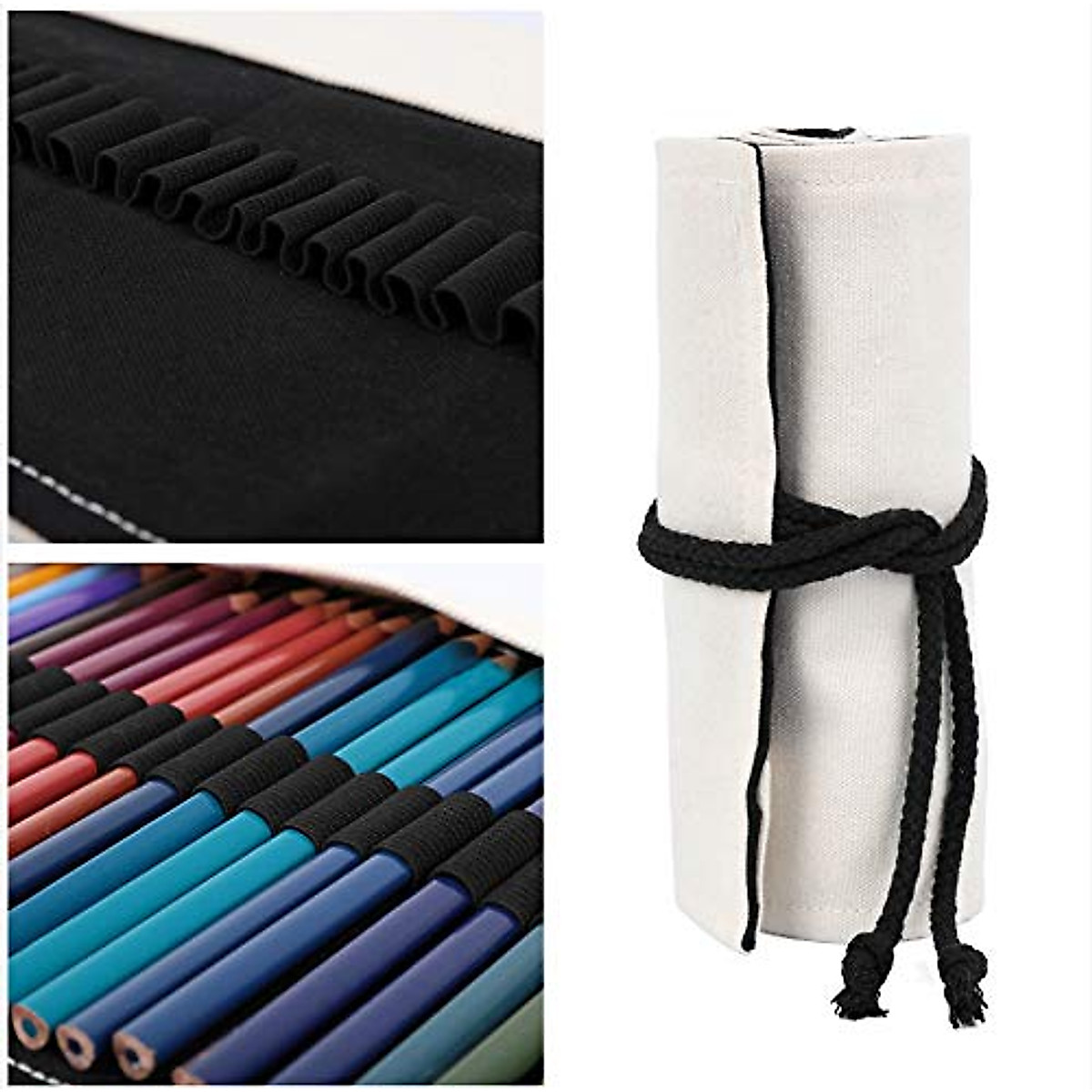 Canvas Roll up Pencil Pen Holder Case, 48 Slots Large Capacity Artist Paint Brushes Organize Pouch (Beige)