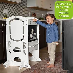 Little Partners Learning Tower Limited Edition Toddler Tower Step Stool Activity Center, Wooden Kids Learning Tower Standing Platform with Adjustable Height, Chalkboard, Safety Rails (Soft White)