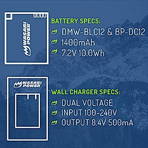 Wasabi Power Battery (2-Pack) and Charger for Panasonic DMW-BLC12 and Leica BP-DC12, BP-DC12-U, 18729, Leica V-Lux 4, V-Lux (Typ 114), Leica Q