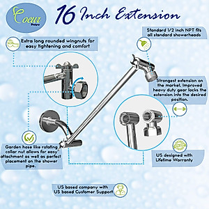 Coeur Designs 16-Inch Extra Long Shower Extension Arm. Solid Brass. Height/Angle Adjustable With a Unique Locking Gear for a Perfect Position Every time. Holds All Showerhead Sizes!!