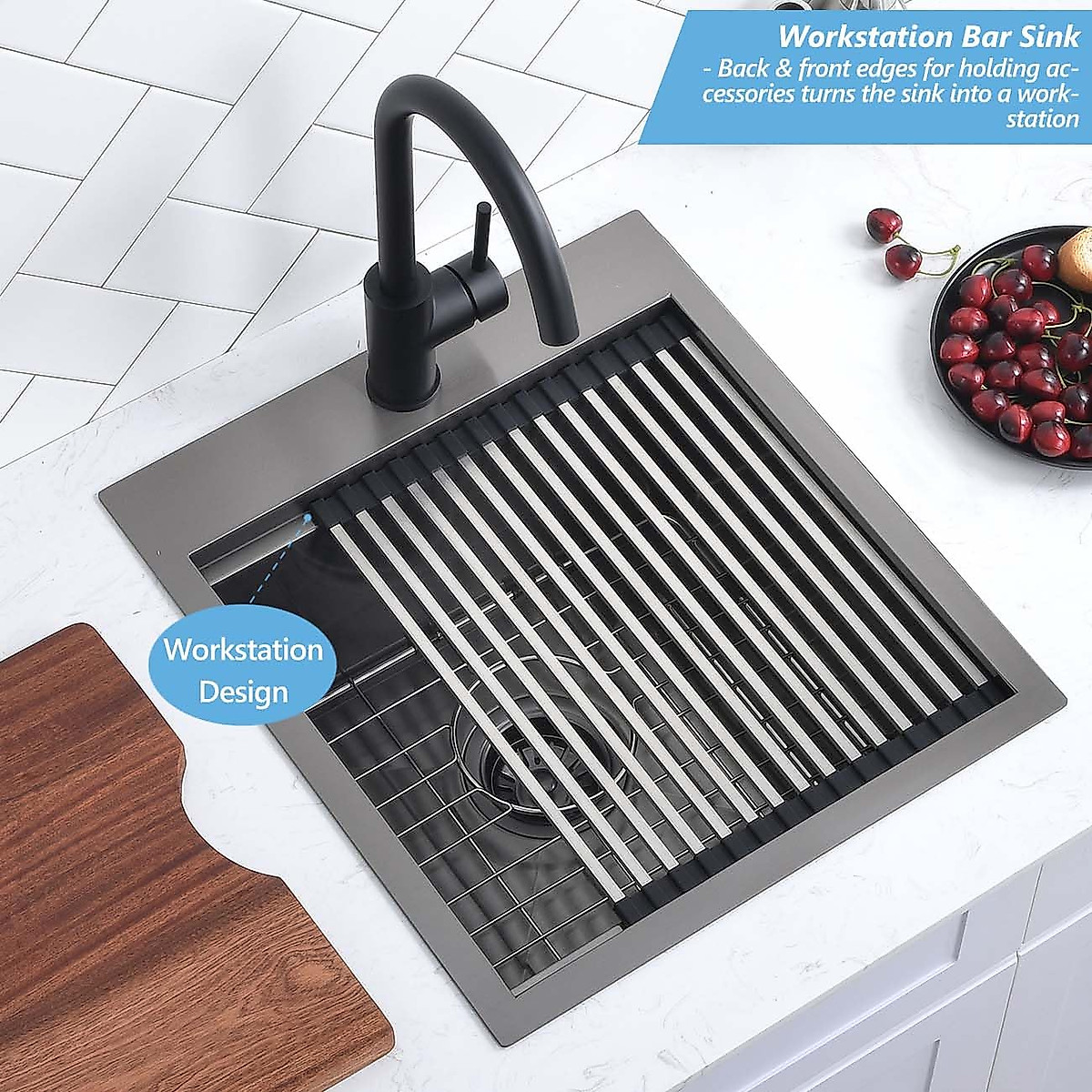 15 Black Stainless Steel Drop In Kitchen Bar Sink, Scamall 15X15X9 Inches Topmount Small Bar Sink - 16 Gauge Black Stainless Steel Workstation Kitchen Bar Sink SM021-1SBG