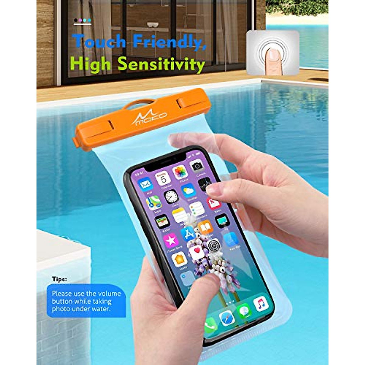 MoKo Waterproof Phone Pouch 3-Pack, Underwater Phone Case Dry Bag with Lanyard Compatible with iPhone 14 13 12 11 Pro Max X/Xr/Xs Max/SE 3, Galaxy S21/S20, up to 7.5", Orange+SkyBlue+Magenta