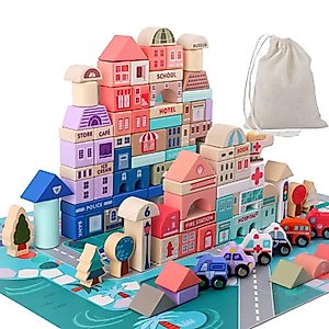 Wooden Building Blocks Set, City Construction Stacker Stacking Preschool Learning Educational Toys, Toddler Toys for 3+ Year Old Boy and Girl Gifts