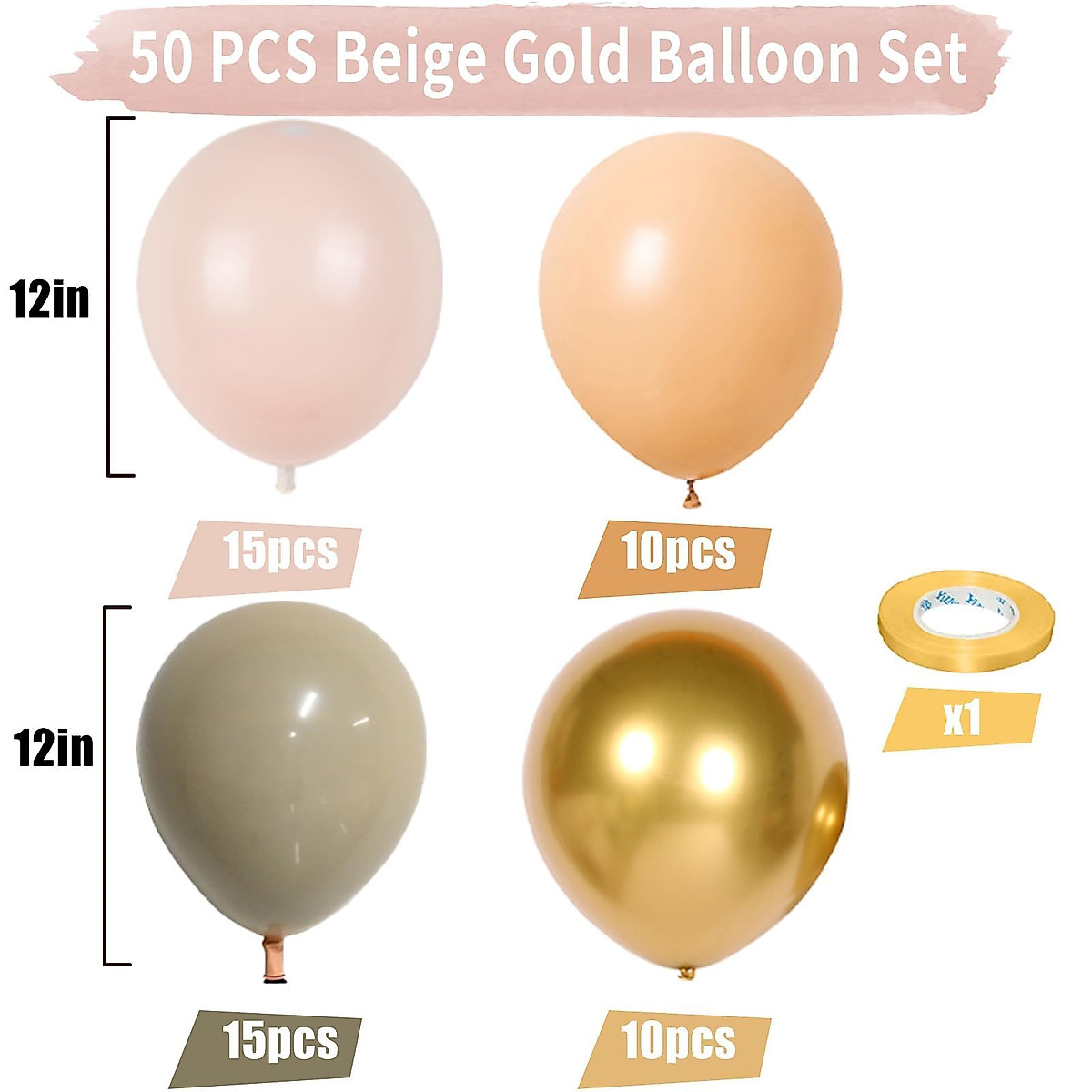 50 PCS Double Stuffed Neutral Balloons Set with Metallic Gold, Light Brown, Nude and Beige Apricot Cream Balloons for Women Teddy Bear Birthday Party Decorations