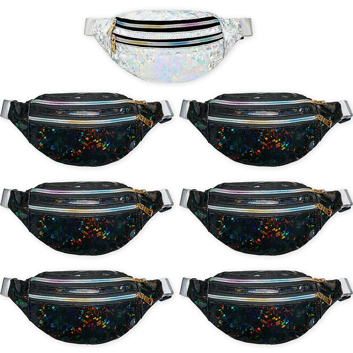 Saintrygo 7 Pack Wedding Bachelorette Fanny Pack Holographic Fanny Pack Bride Bridesmaid Waist Bag for Bachelorette Party(Silver, Black)