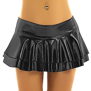 Yevin Latex Metallic Skirt for Women Sexy Pleated Mini Skater Skirt (Black)