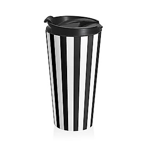 Black White Striped 15oz Stainless Steel Travel Mug, Screw on Lid Tumbler.
