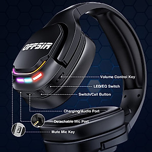 OFFSIR Wireless Gaming Headset with Noise Cancelling Microphone for PC PS5 PS4,Bluetooth Gaming Headset Surround Sound 2.4G USB Gamer Headphones with Mic RGB Lights for PlayStation Mac Computer Laptop