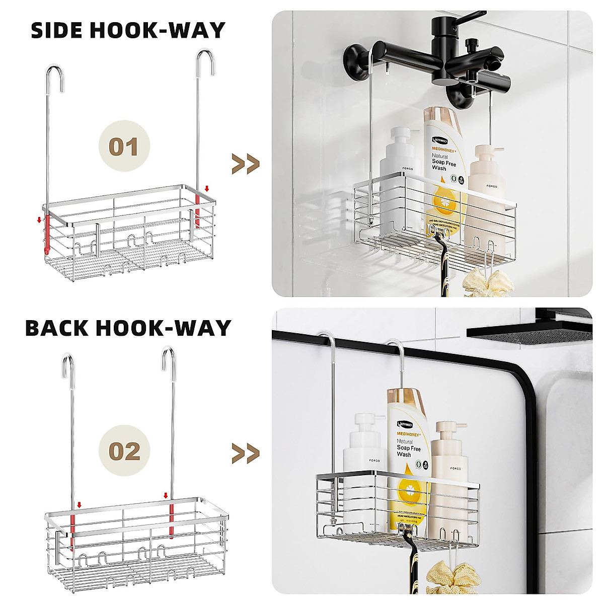 SHANSHUI Shower Hanging Caddy, Bathroom Shower Organizer Basket, Shampoo Bracket, Over Door Shower Rack with Hooks, 304 Stainless Steel Rustproof