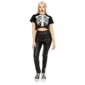 Tipsy Elves Halloween Women’s Skeleton Costume Shirt - Cute and Spooky Adult Womens Skeleton Shirts - Front Printed Ribcage and Bones Black Crop Top Size Medium