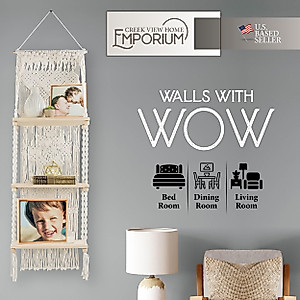 Creekview Home Emporium Hanging Plant Shelf Indoor Boho Decor - 3 Tier Macrame Shelf Wall Hanging Decor - Rope Boho Wall Art Wooden Floating Bookshelf for Kitchen, Bathroom or Bedroom