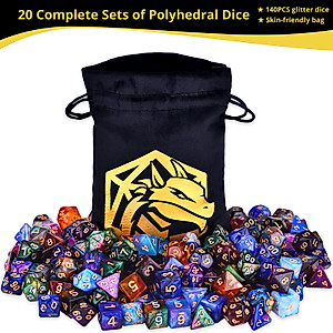 Amiven DND RPG Dice Sets 20 x 7 Polyhedral Glitter Dice (140 Pieces) for Dungeons and Dragons Tabletop Role-Playing Games, with a Large Bag