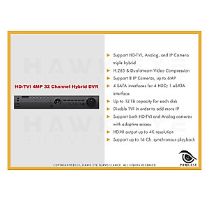 32CH HD TVI 4MP DVR - Surveillance Digital Video Recorder 32CH HD-TVI/CVI/AHD H265 Full-HD HDMI/VGA/BNC Video Output Analog & IP Camera Support Hikvision Compatible with DS-7332HQHI-K4 3 Year Warranty