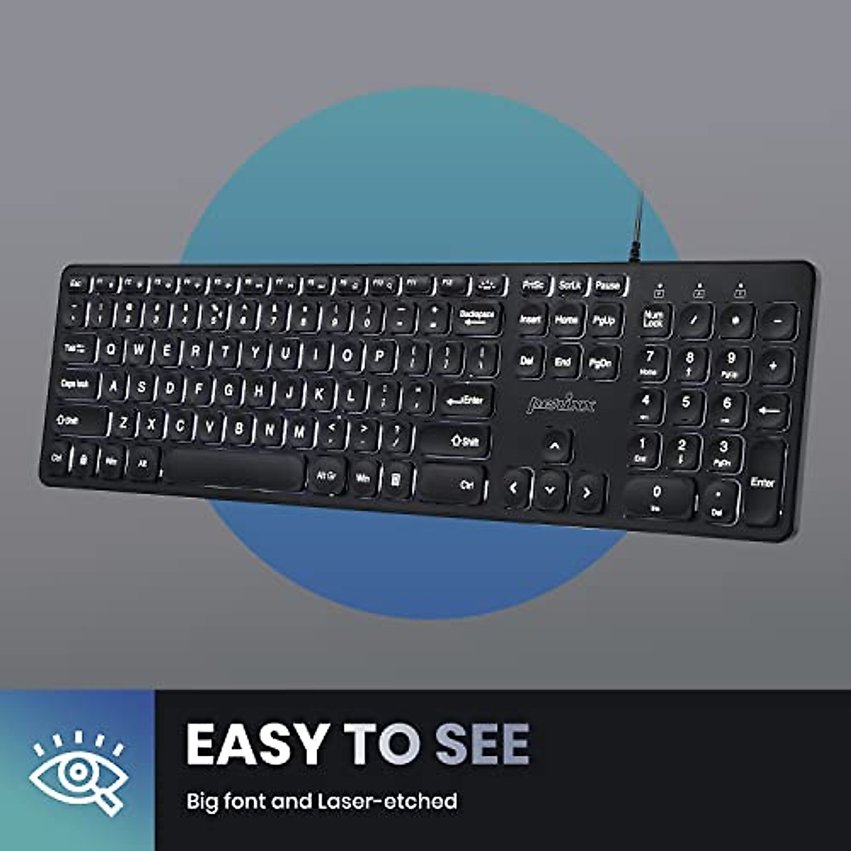 Perixx PERIBOARD-331 Wired Backlit USB Keyboard, Slim Design with Big Font Keys, White Illuminated LED, US English Layout